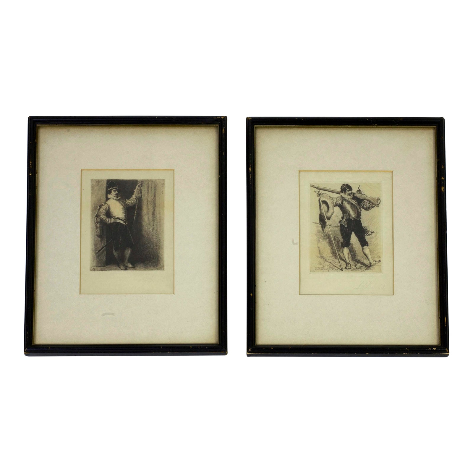 Pair Antique Etchings Costumed European Men | Chairish