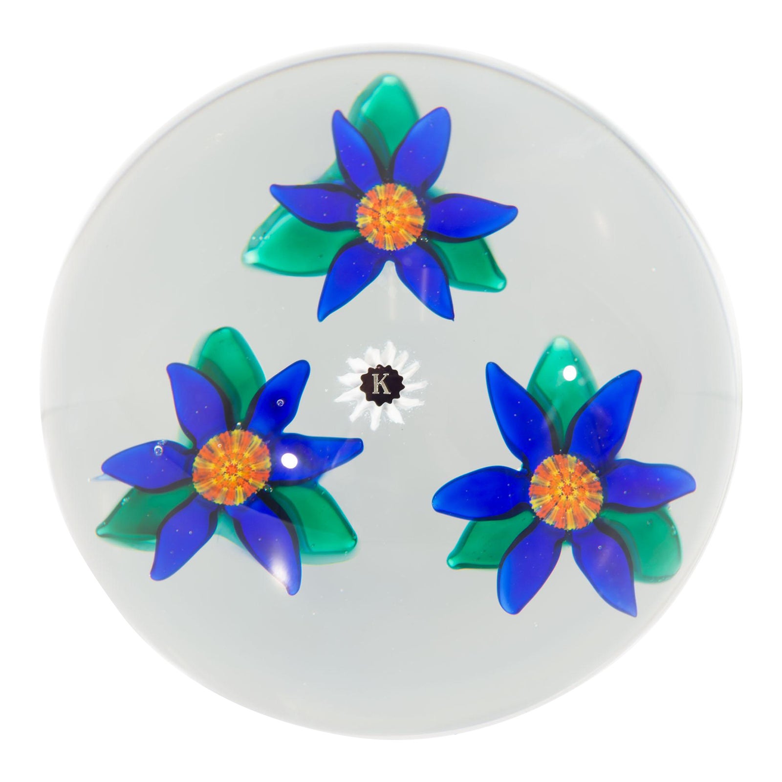 Charles Kaziun Art Glass Paperweight With Blue Flowers | Chairish