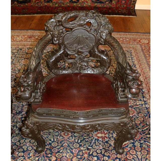 Pair of Antique Teak Japanese Meiji Carved Dragon Chairs | Chairish