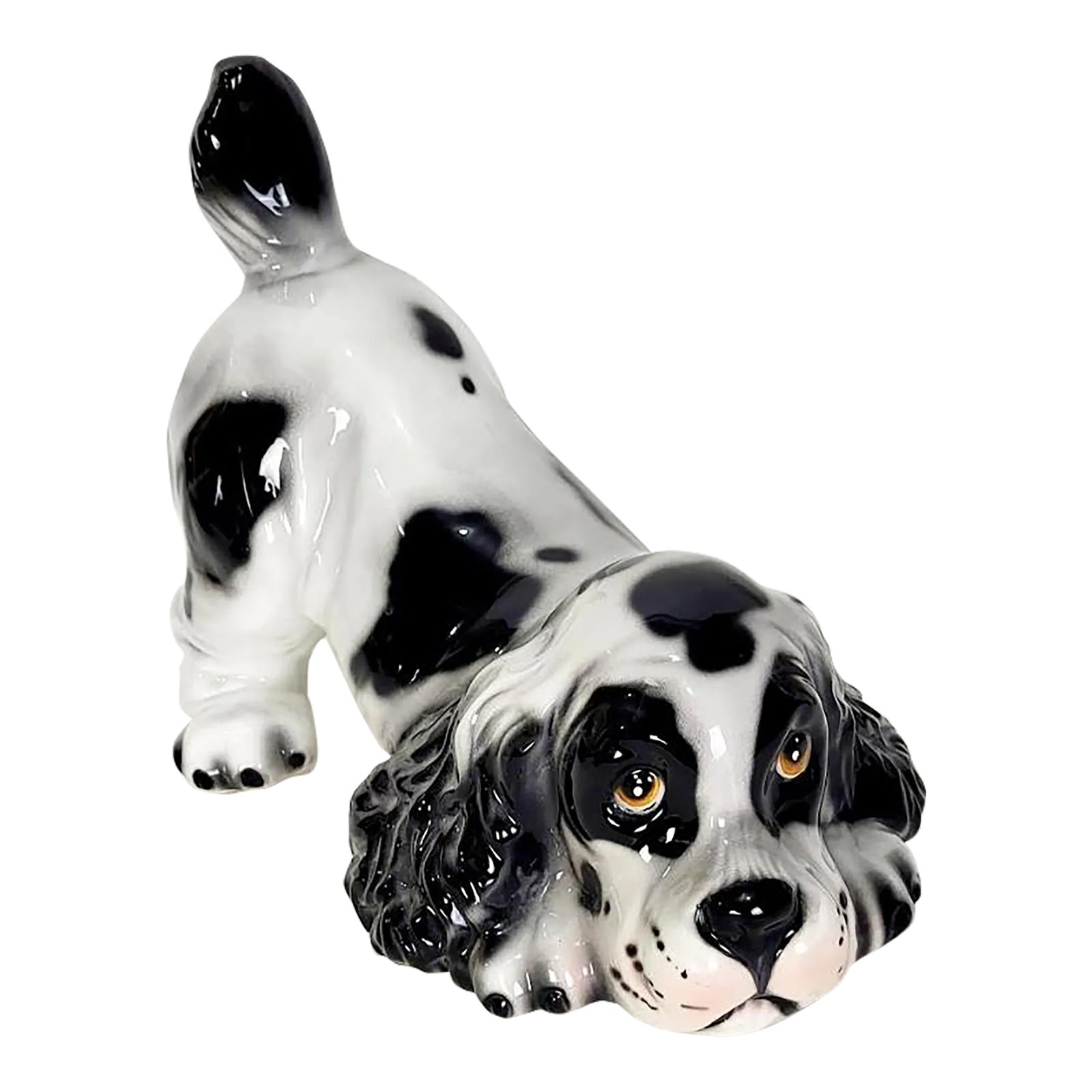 Glazed Ceramic Pottery Spaniel Dog Sculpture - Playful Puppy | Chairish