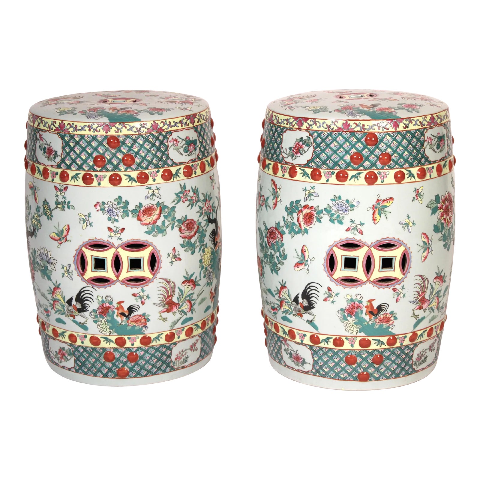 Pair of Chinese Polychrome Decorated Porcelain Garden Seats | Chairish