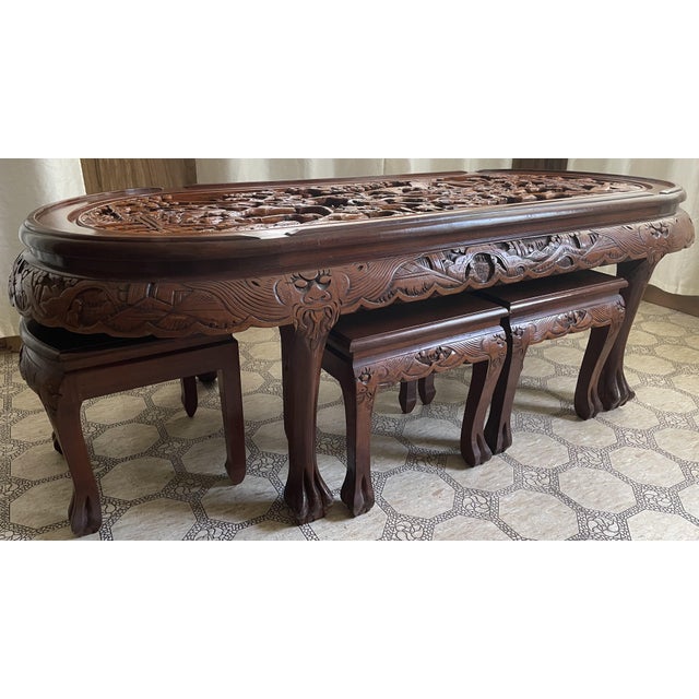 1980s Chinese Chinoiserie Hand-Carved Oval Coffee Table - Set of 7 ...