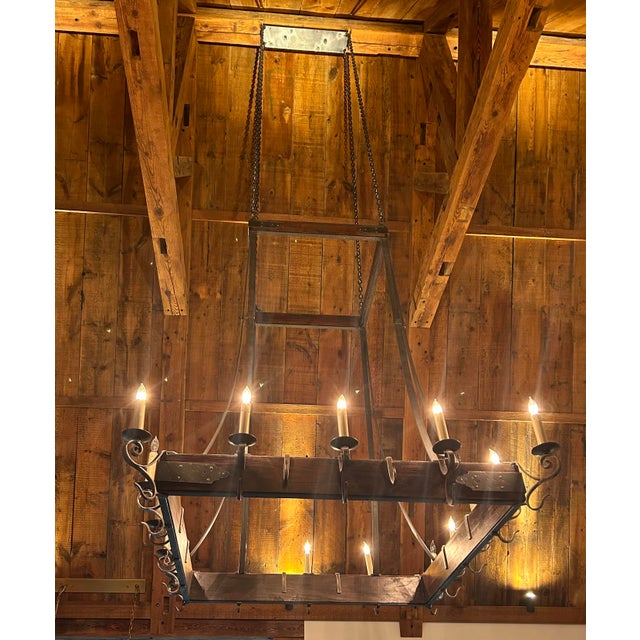 Custom 2000s Iron and Wood Pot Rack Chandelier | Chairish