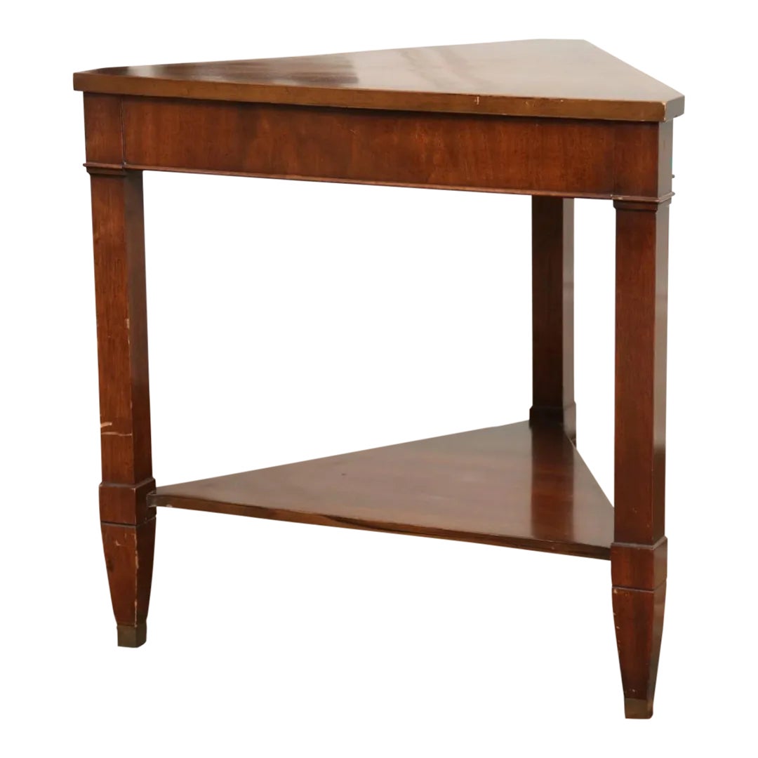 1970s Vintage Mahogany Triangular Two Tier Marquetry Side Table | Chairish