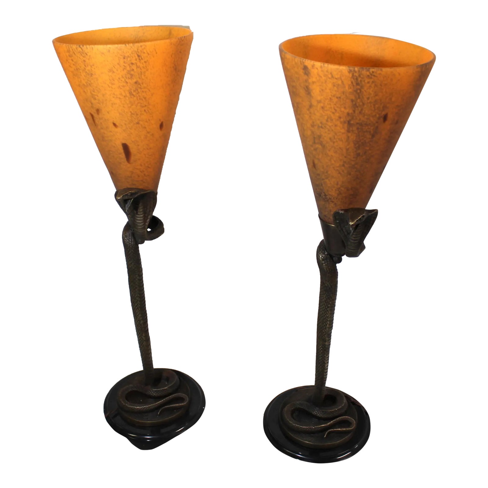 1990s Art Deco Style Snake Table Lamps, Bronze, Vianne Glass - a Pair ...