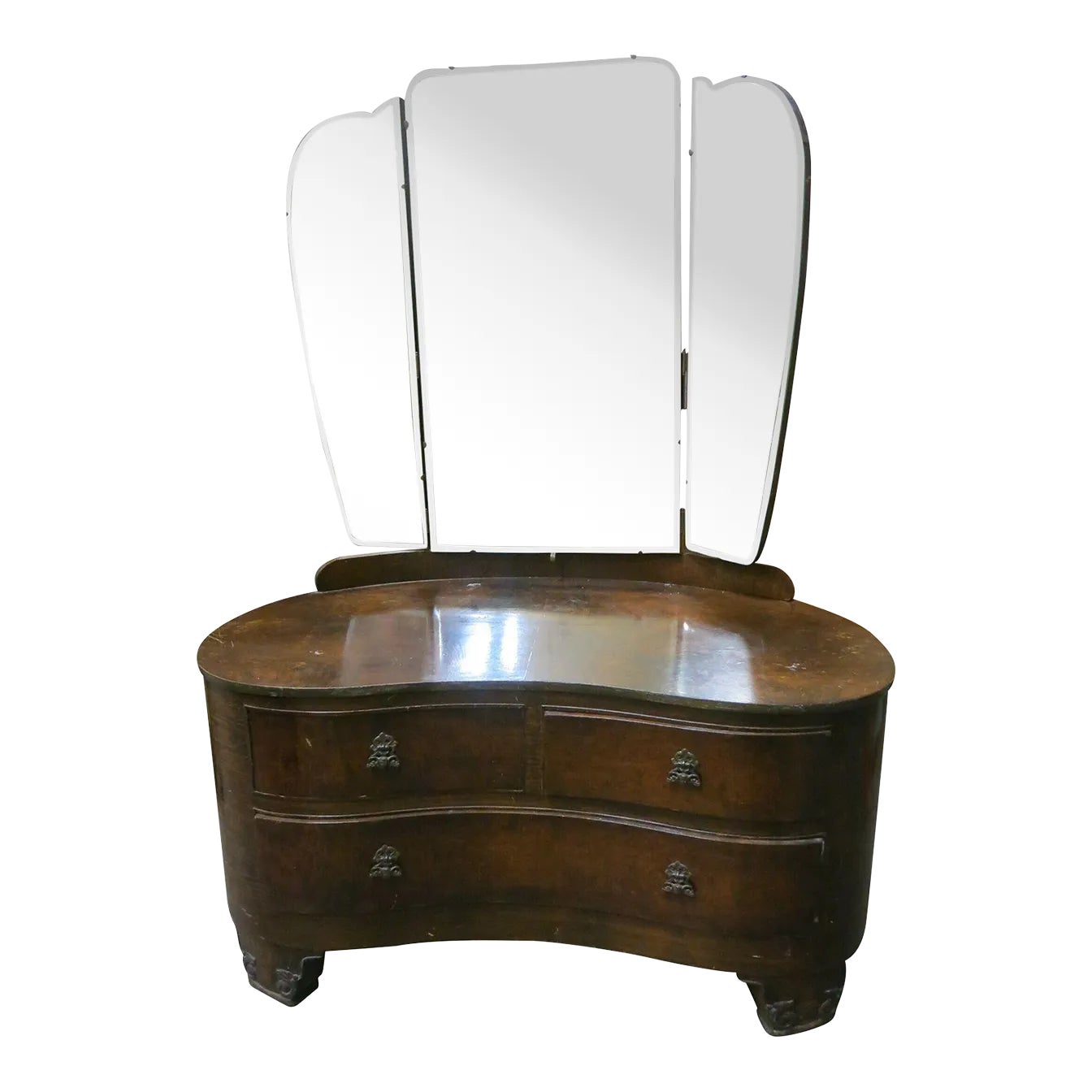 Edwardian Dark Stained Burlwood Vanity with Trifold Mirror, Circa 1910 ...