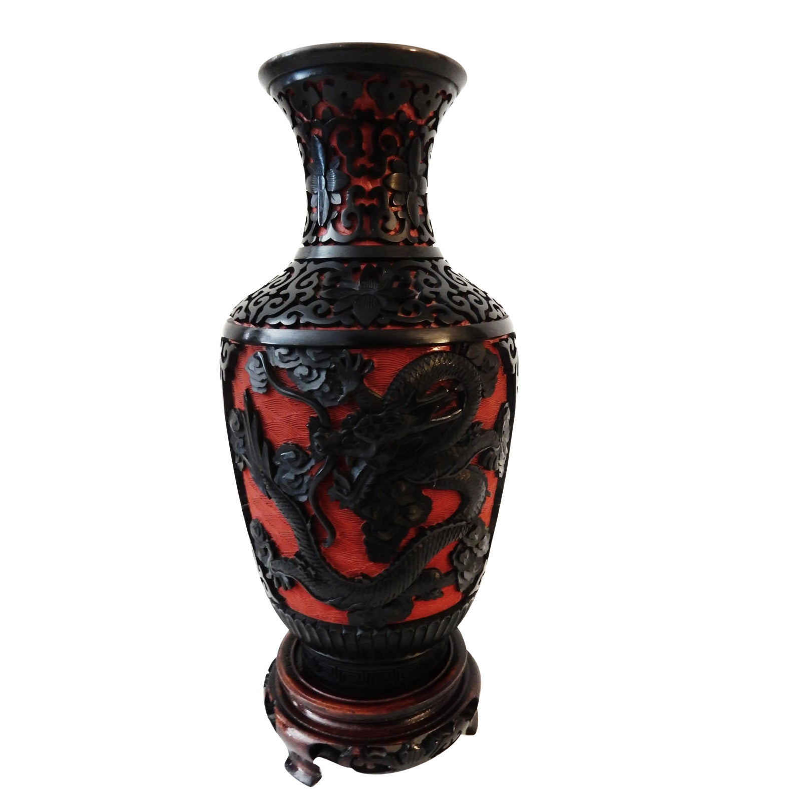 Lacquerware Handwork Carved Dragon Vase | Chairish
