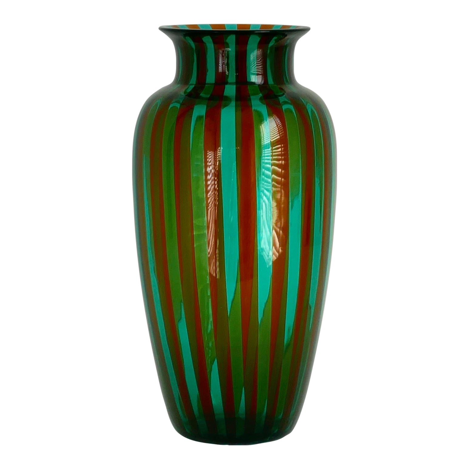 Vintage Late 20th Century Murano Glass Vase Ochre & Turquoise Strip ...