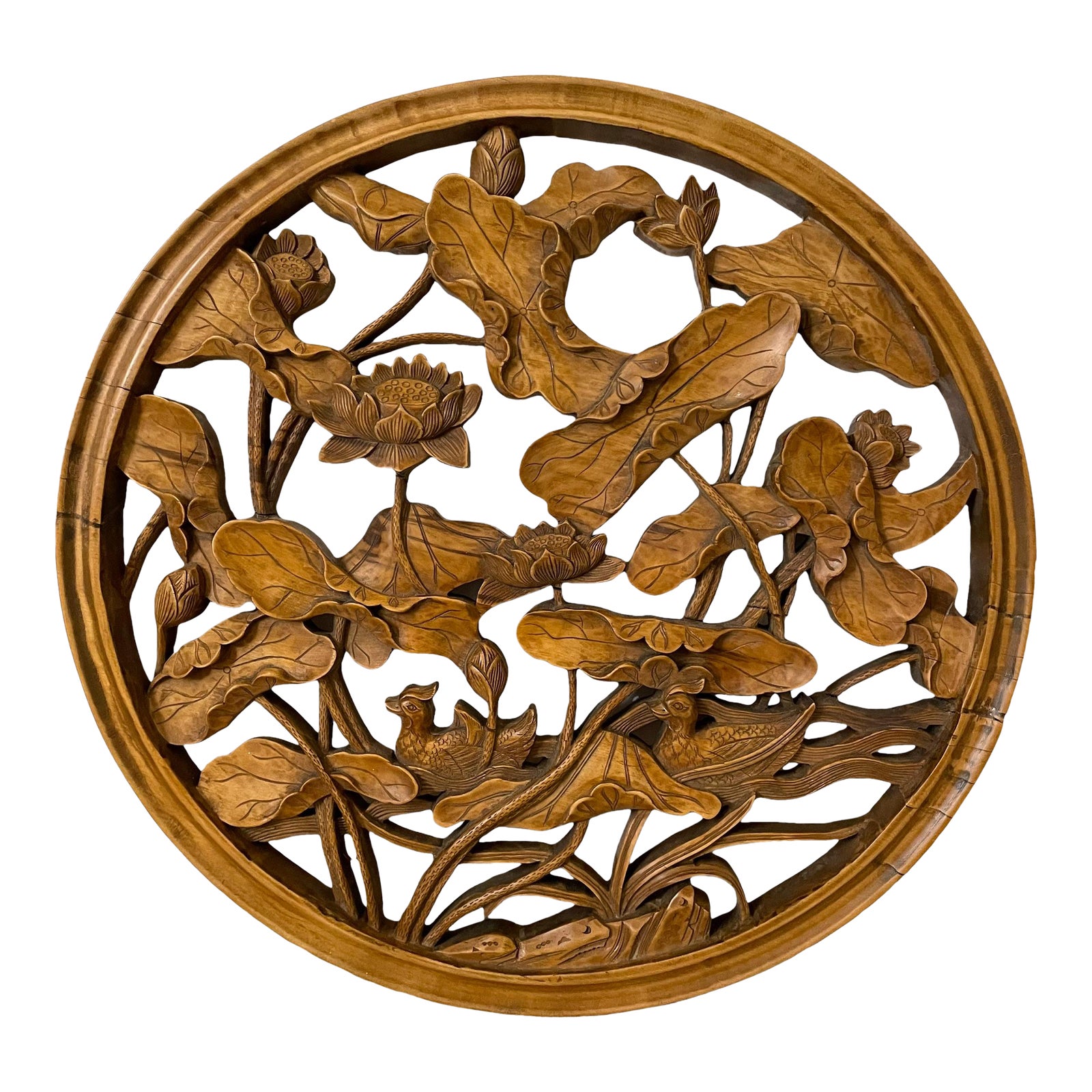 Lotus and Bird Hand-Carved Suar Wood Circular Relief Panel | Chairish