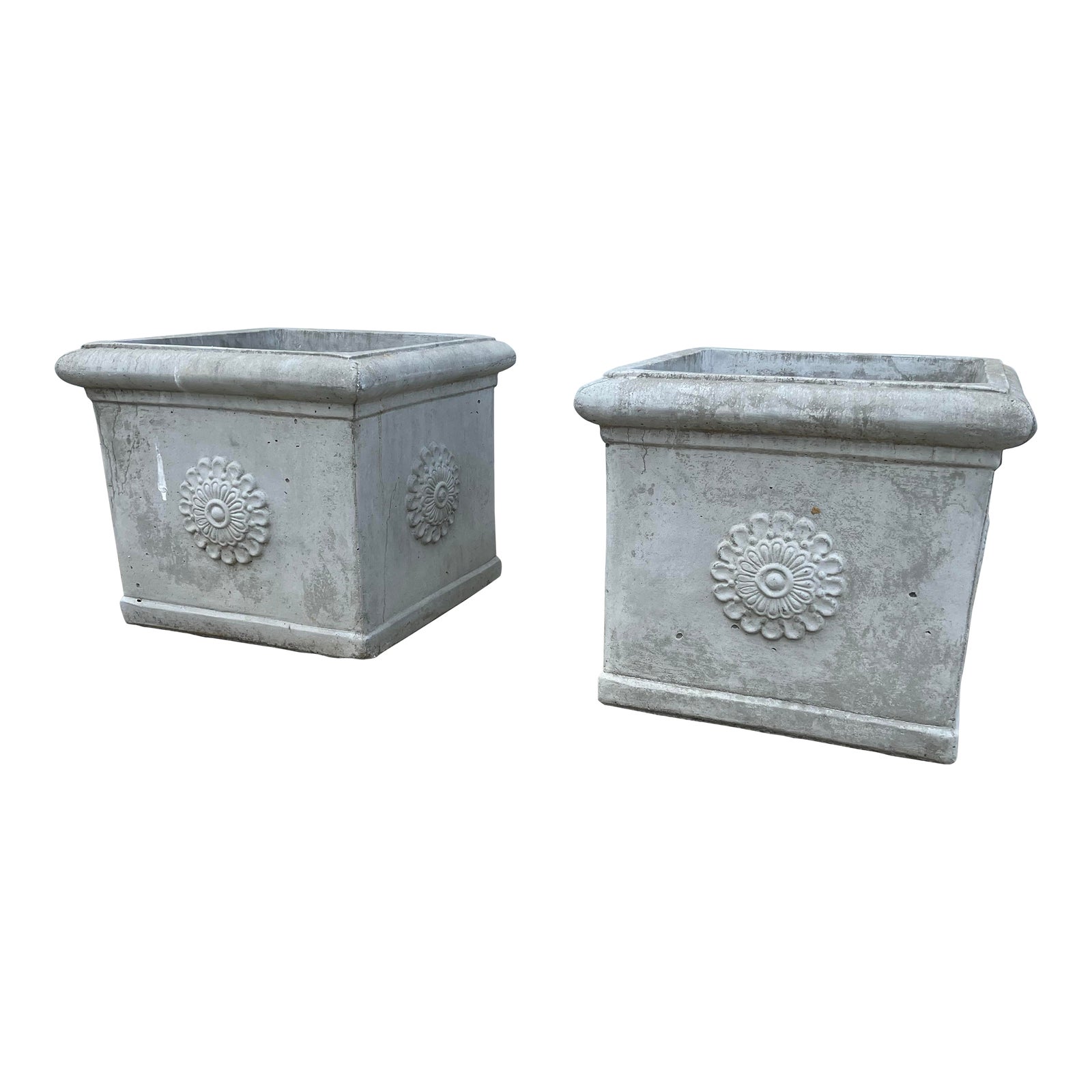 Vintage Large Square Weathered Concrete Planters With Floral Details a ...