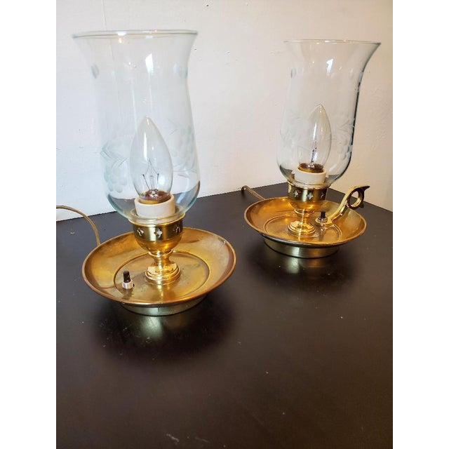 Pair of Vintage Electric Hurricane Lamps, Brass & Etched Glass | Chairish