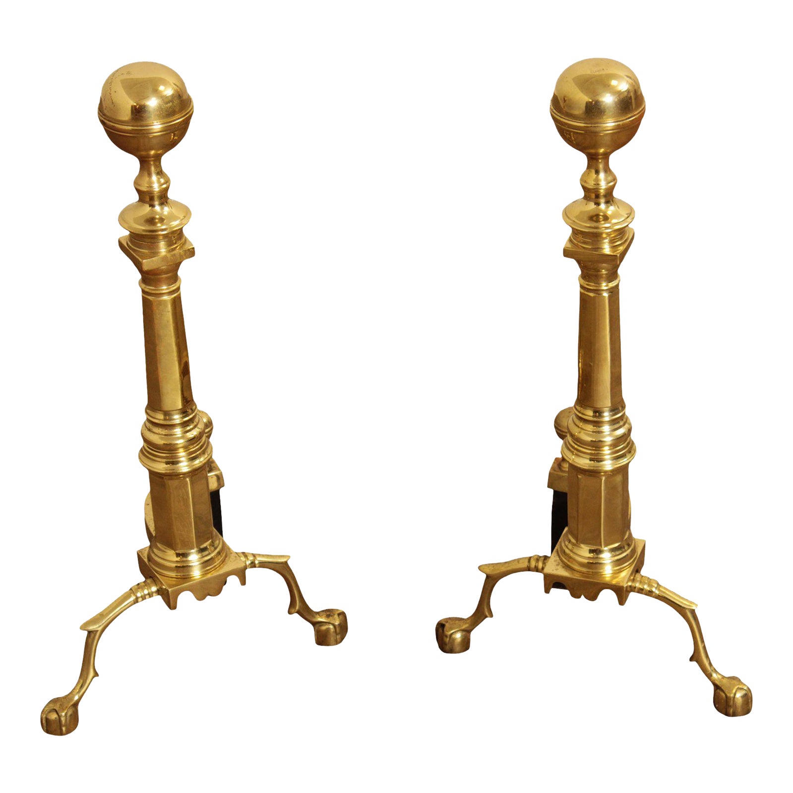 The Harvin Co. Brass Ball & Claw Foot Andirons - A Pair | Chairish