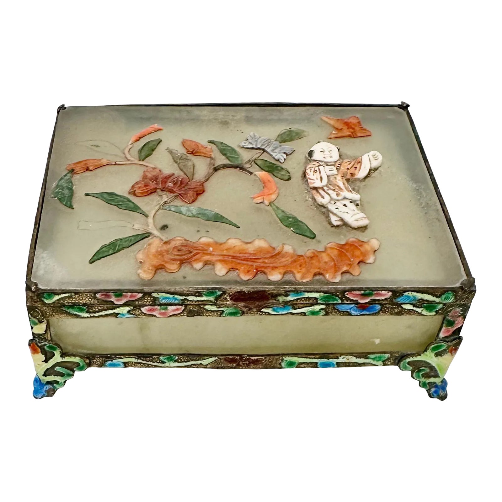 Early 1900s Chinese Jade Box Semi Precious Stones | Chairish
