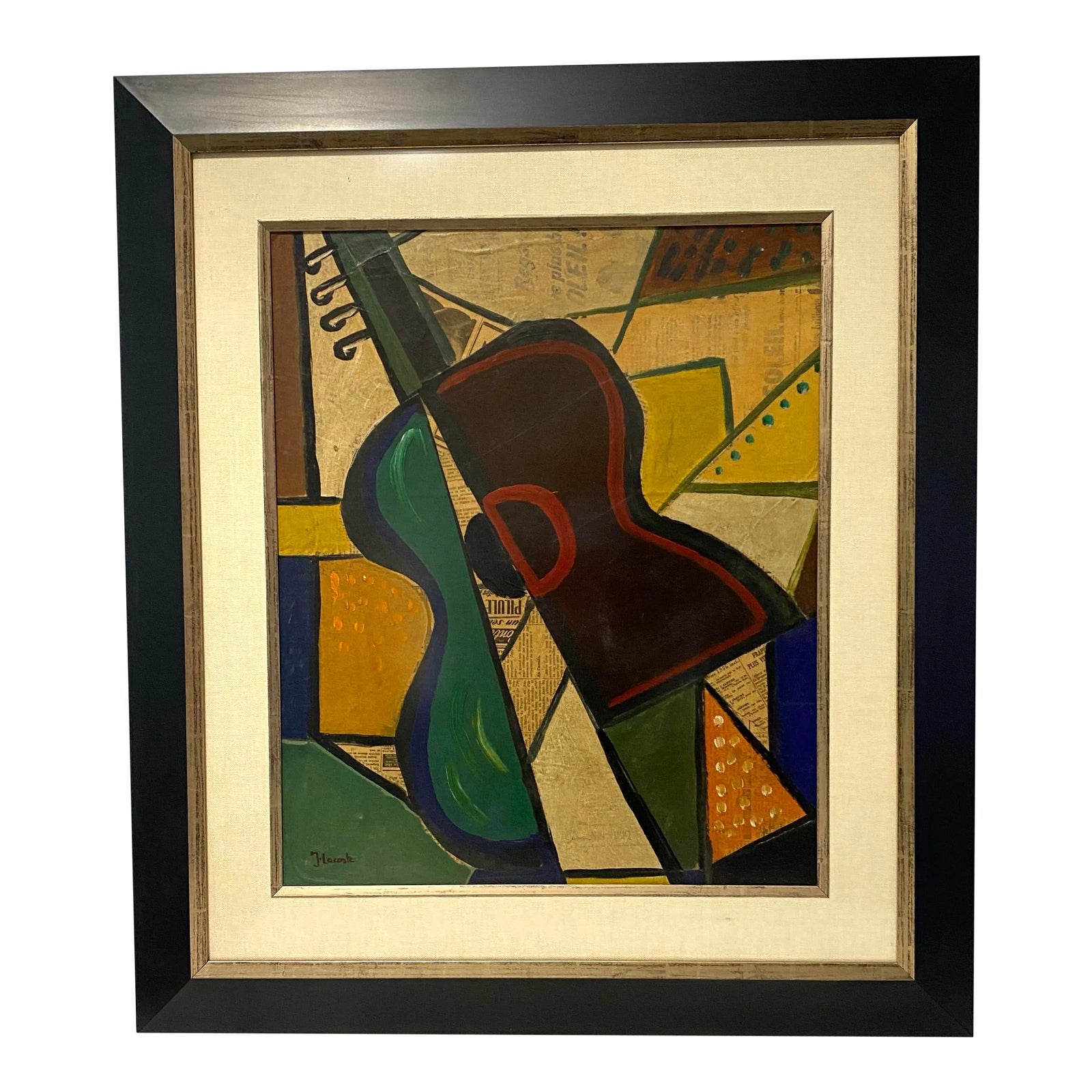1956 Cubist Guitar J Lacoste Mixed Medium on Board Painting | Chairish