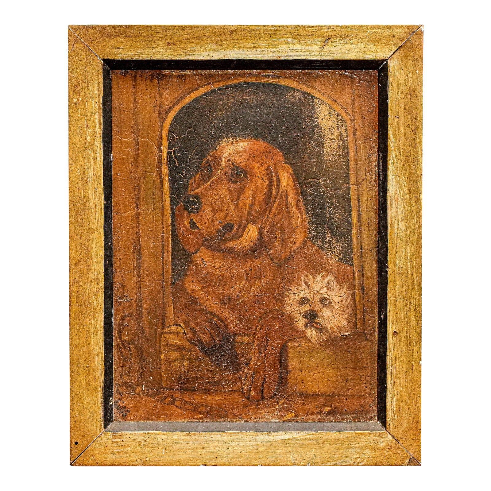 Rustic Dog House Scene Framed Antique Animal Portrait Oil Painting of ...