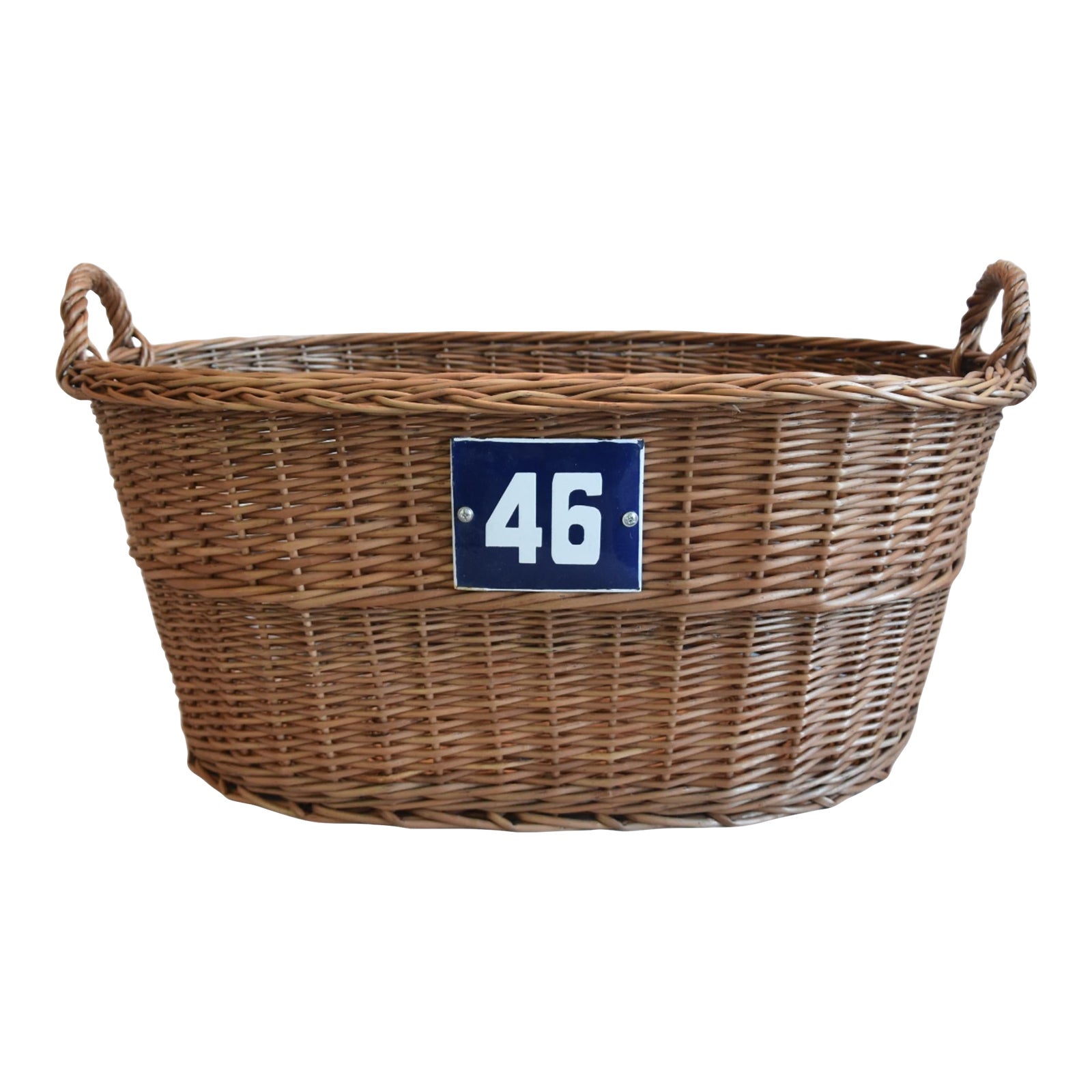 French Wicker/Willow Market Basket W/ Blue & White Enameled Number ...