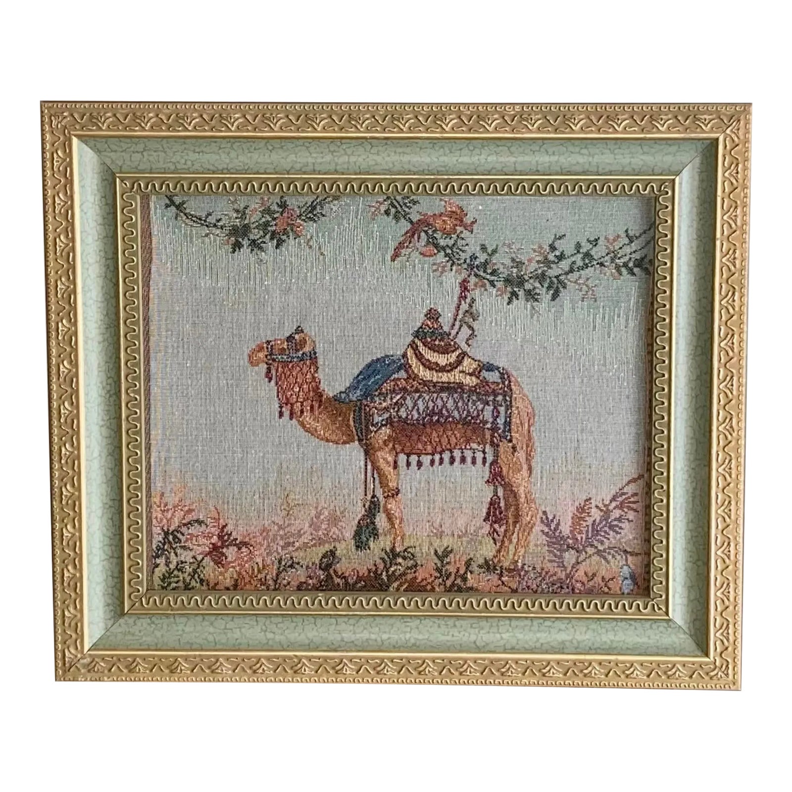 Vintage Orientalist Style Embroidery Picture With Camel Framed | Chairish
