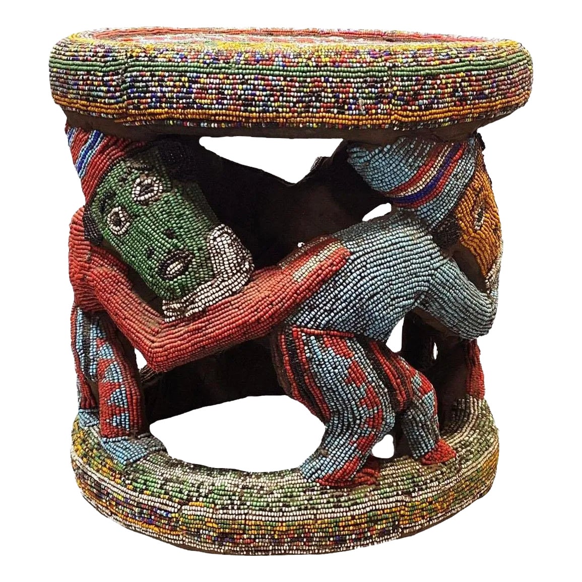 Lg Nobility Beaded Wood Bamileke Throne /Table/ Stool Cameroon 20" D ...