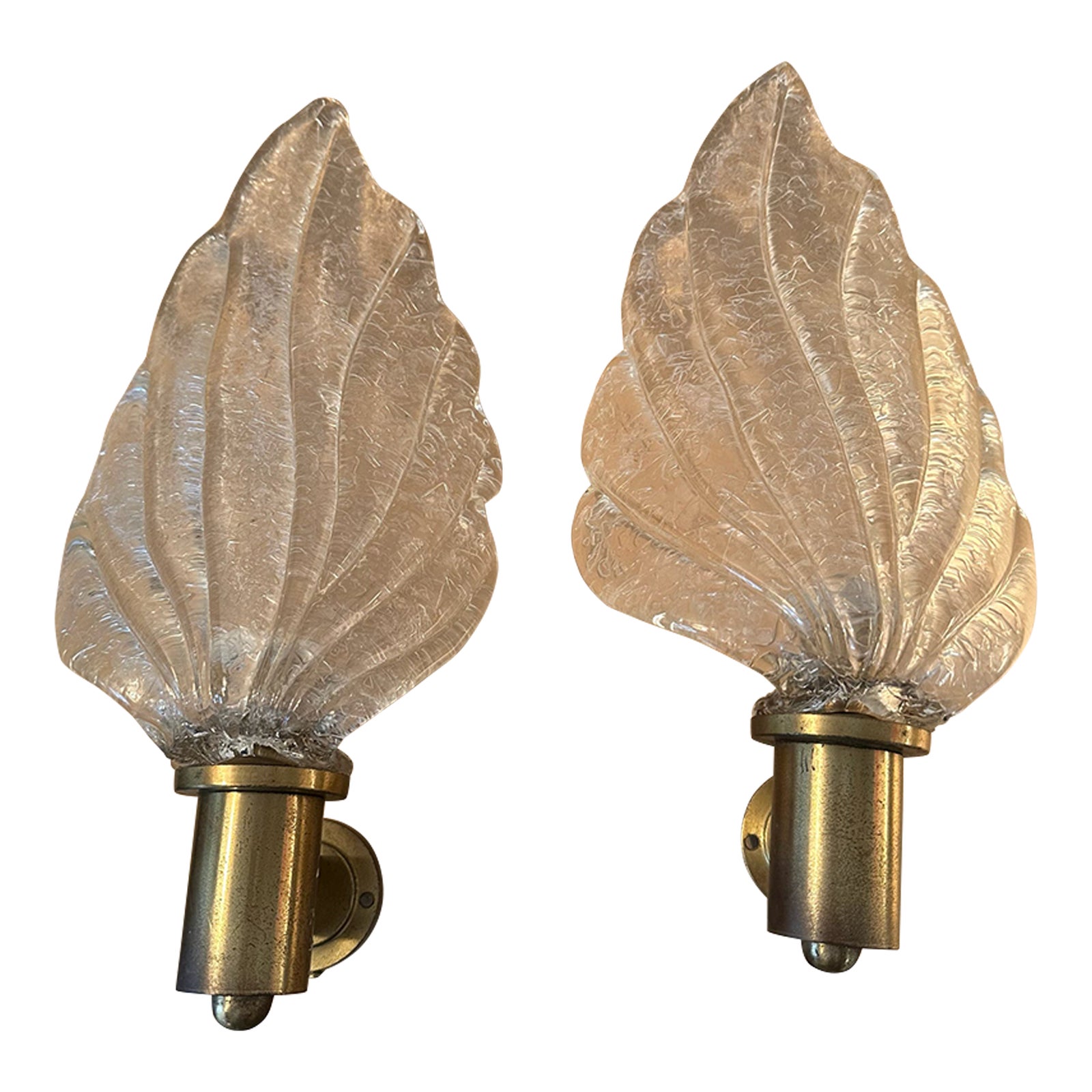 Pair of Italian Vintage Mid Century Modern Glass Leaf Sconces Murano ...