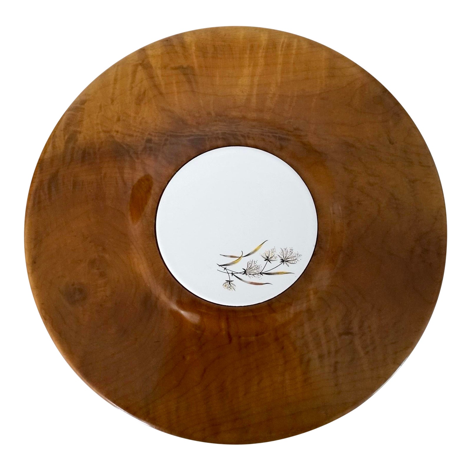 1970’s Mid-Century Modern Solid Myrtle & Ceramic Plate Tray | Chairish