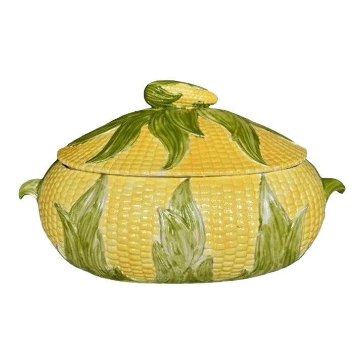Ceramic Corn Husk Covered Soup Serving Tureen in Yellow and Green ...