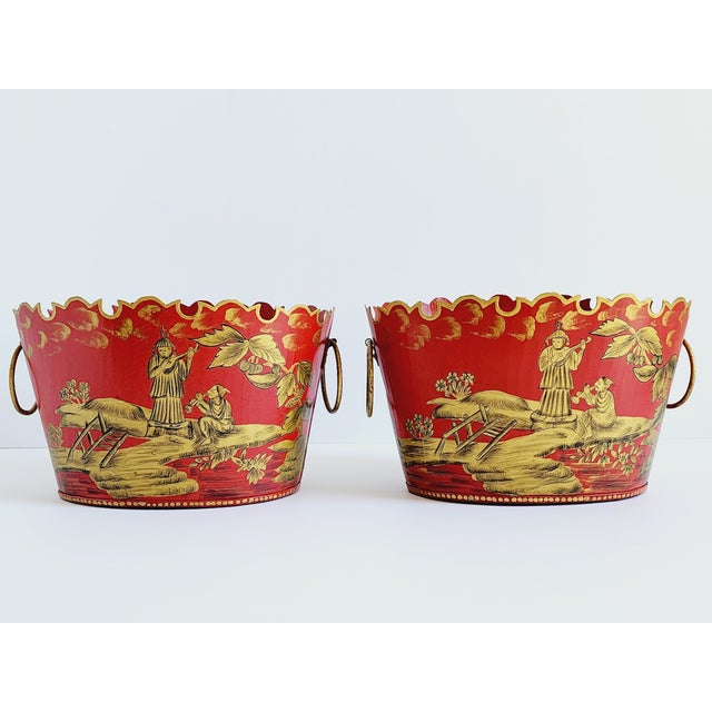 Chinoiserie Style Tole Painted Cachepots-A Pair | Chairish