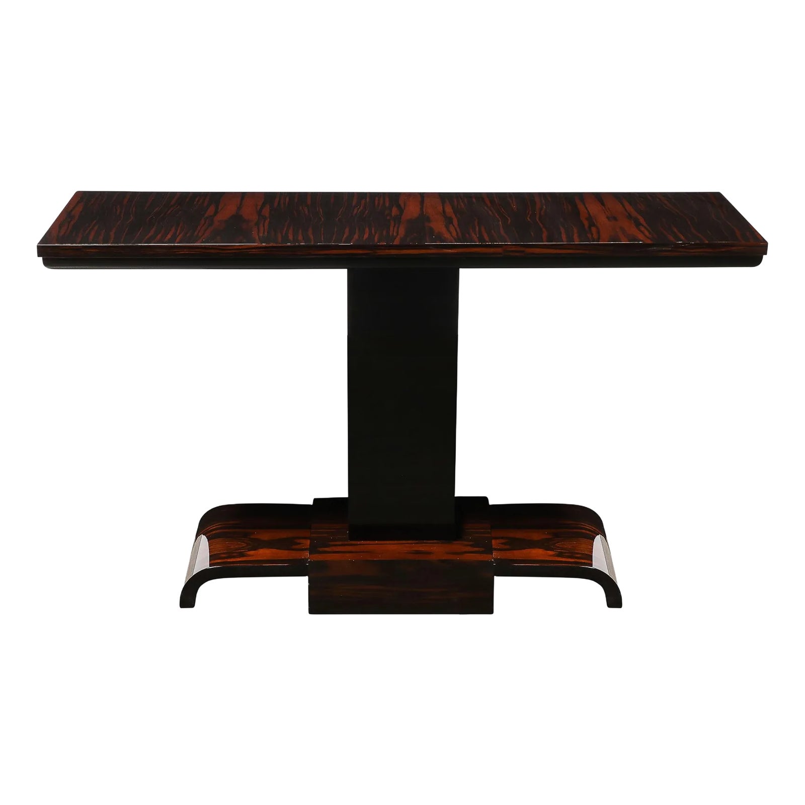 Art Deco Streamline Zebra Wood Console Table W/ Black Lacquer Accents ...