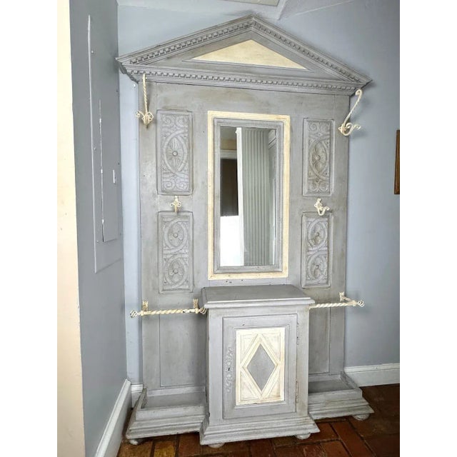 Hand Painted and Carved Hall Tree Mirror With Hooks | Chairish