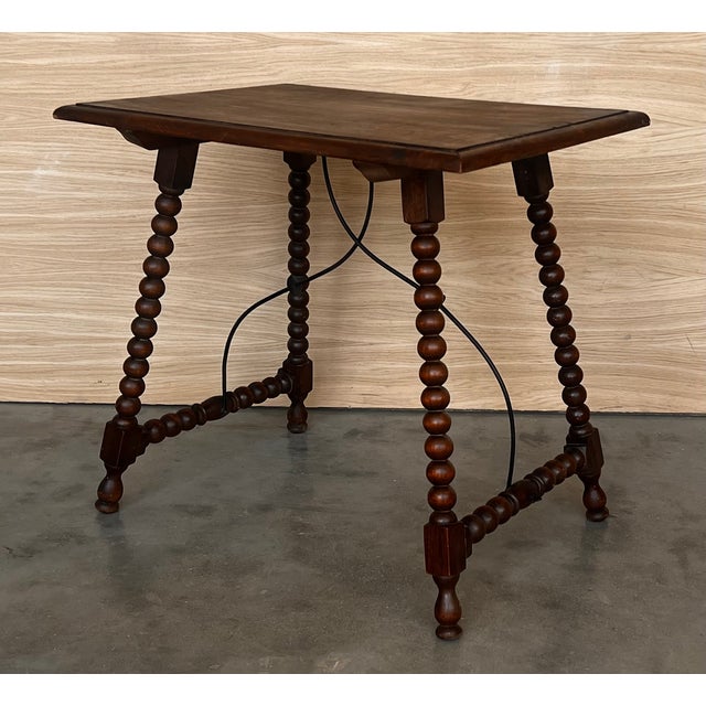 19th Spanish Side Table With Cared Turned Legs and Iron Stretcher ...