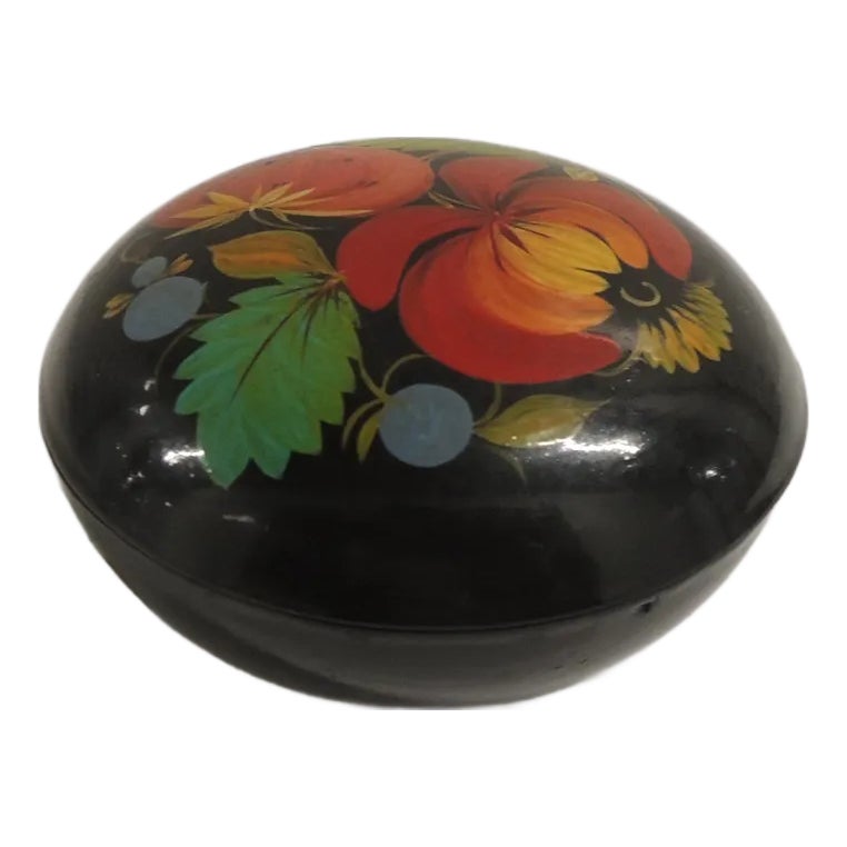 Black Lacquered Hand Painted Round Decorative Box | Chairish