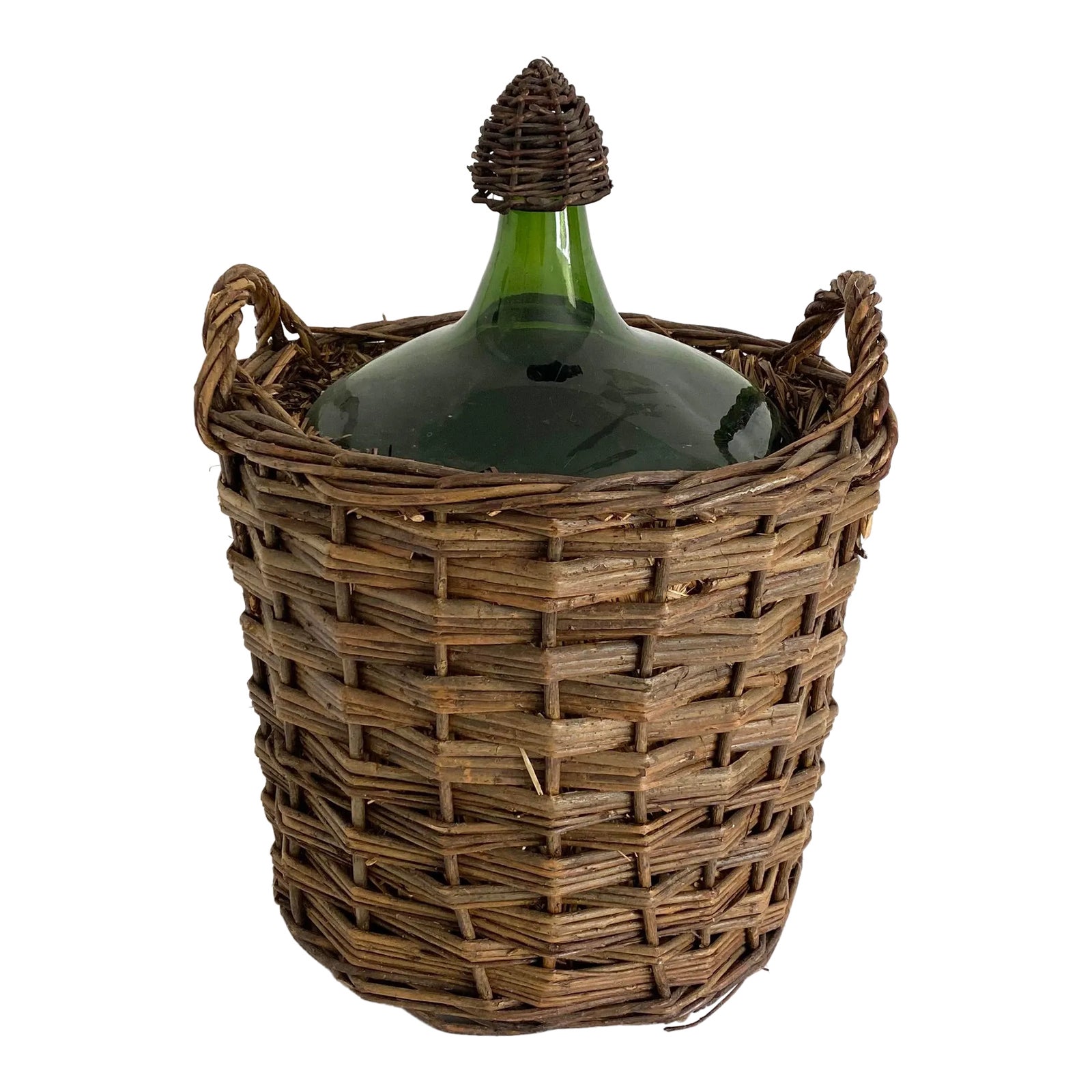 French Demijohn in Willow Double Handled Basket | Chairish