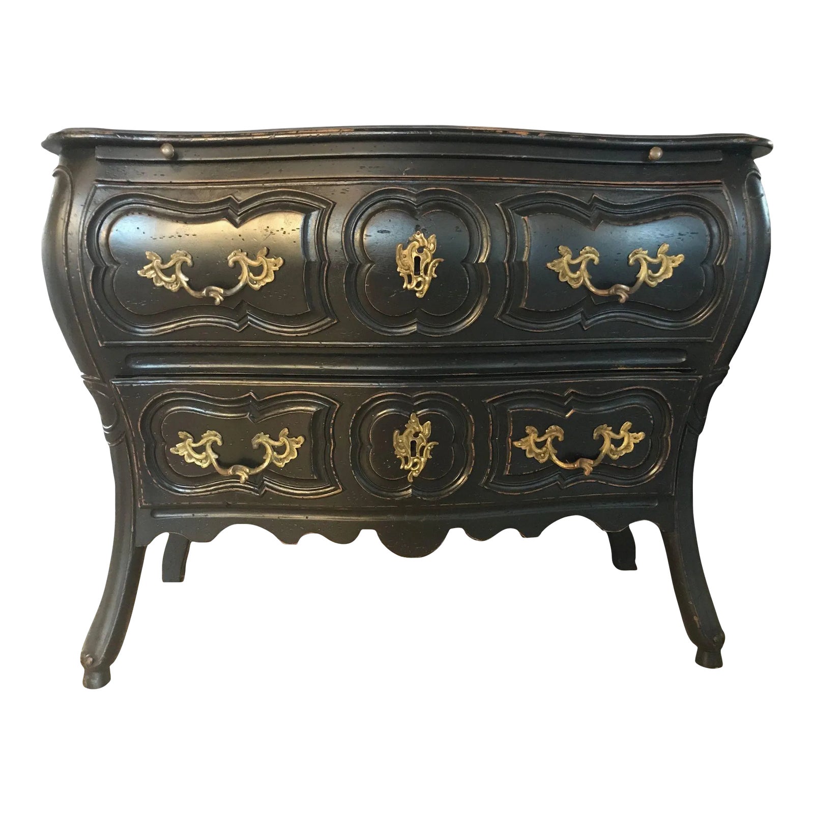 Black Distressed Bombe Commode With Bronze Mounts and Pull-Out Tray Top ...