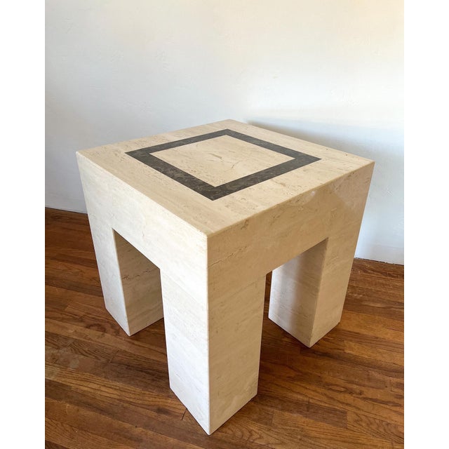 1970s Italian Travertine Parsons Side Table With Marble Inlay | Chairish