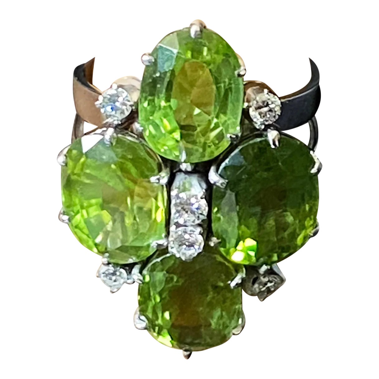 Mid Century 18k White Gold Cocktail Peridot and Diamond Ring | Chairish