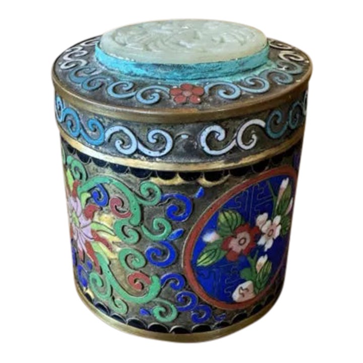Antique Round Cloisonne and Champleve Box With Jade Lid Detail | Chairish