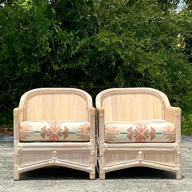 Vintage Coastal Washed Pencil Reed Lounge Chairs - a Pair | Chairish