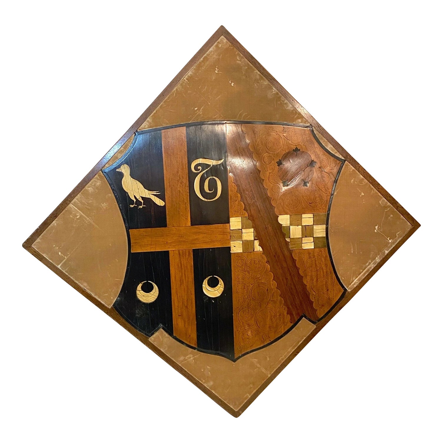 Large 1700's Heraldic Wood Marquetry Coat of Arms Crest Shield Plaque ...