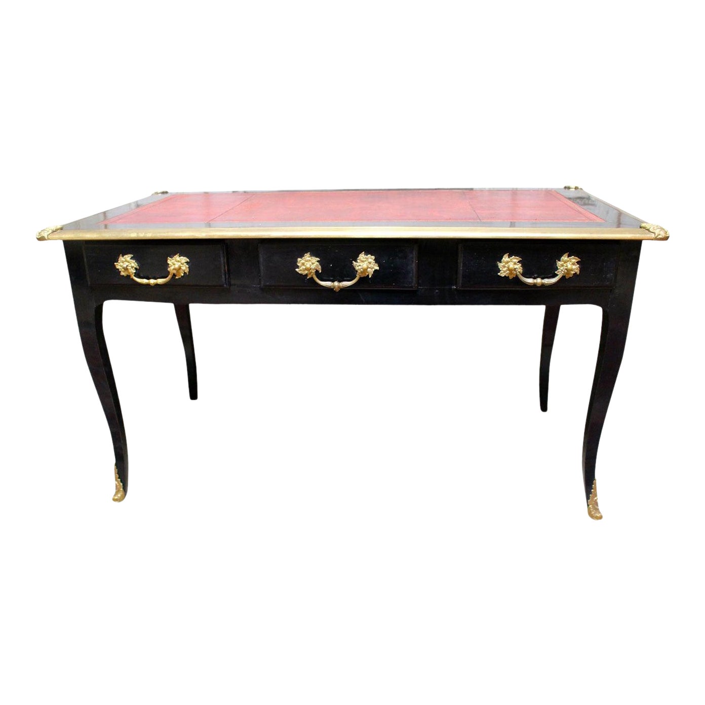 French Louis XV Style Black Lacquered Desk with Red Tooled Leather Top ...