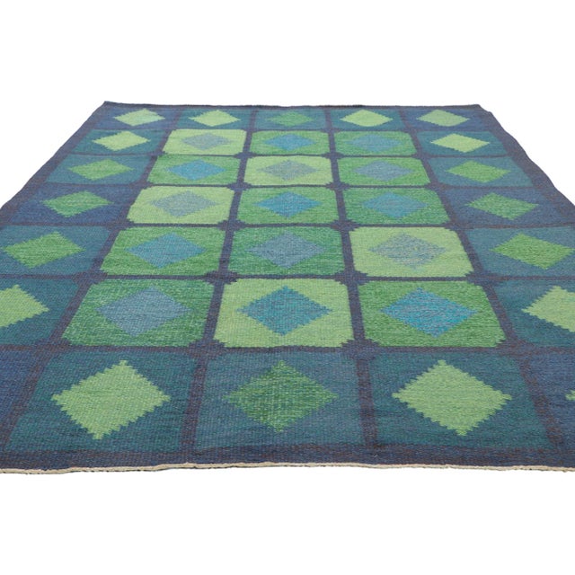 Brita Svefors Swedish Rollakan Rug, Blå Grön Diamant Rutmönster | Chairish