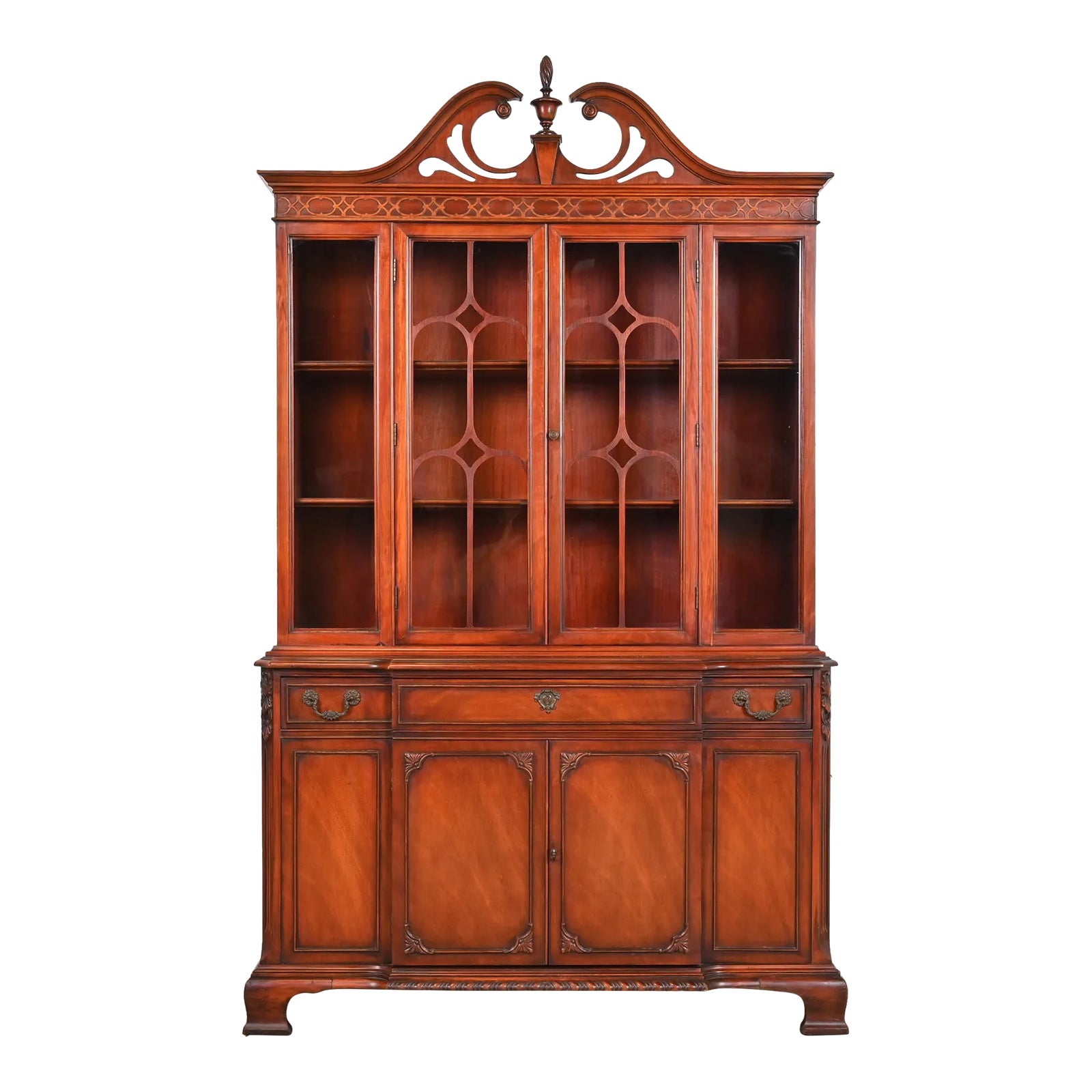 Bernhardt Georgian Carved Mahogany Breakfront Bookcase Cabinet | Chairish