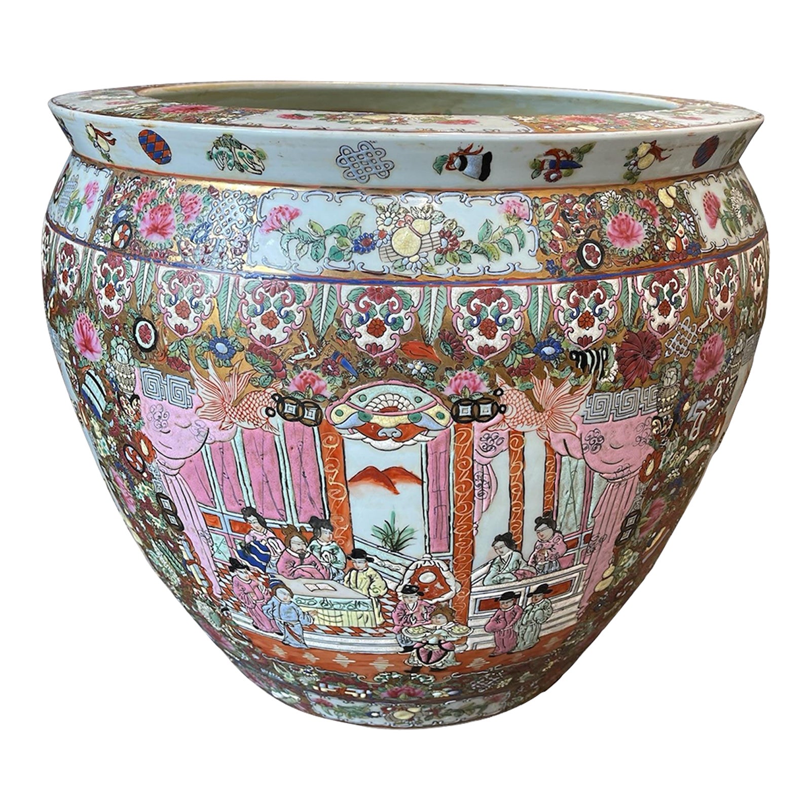 Large Vintage Chinese Famille Rose Porcelain Fish Bowl | Chairish