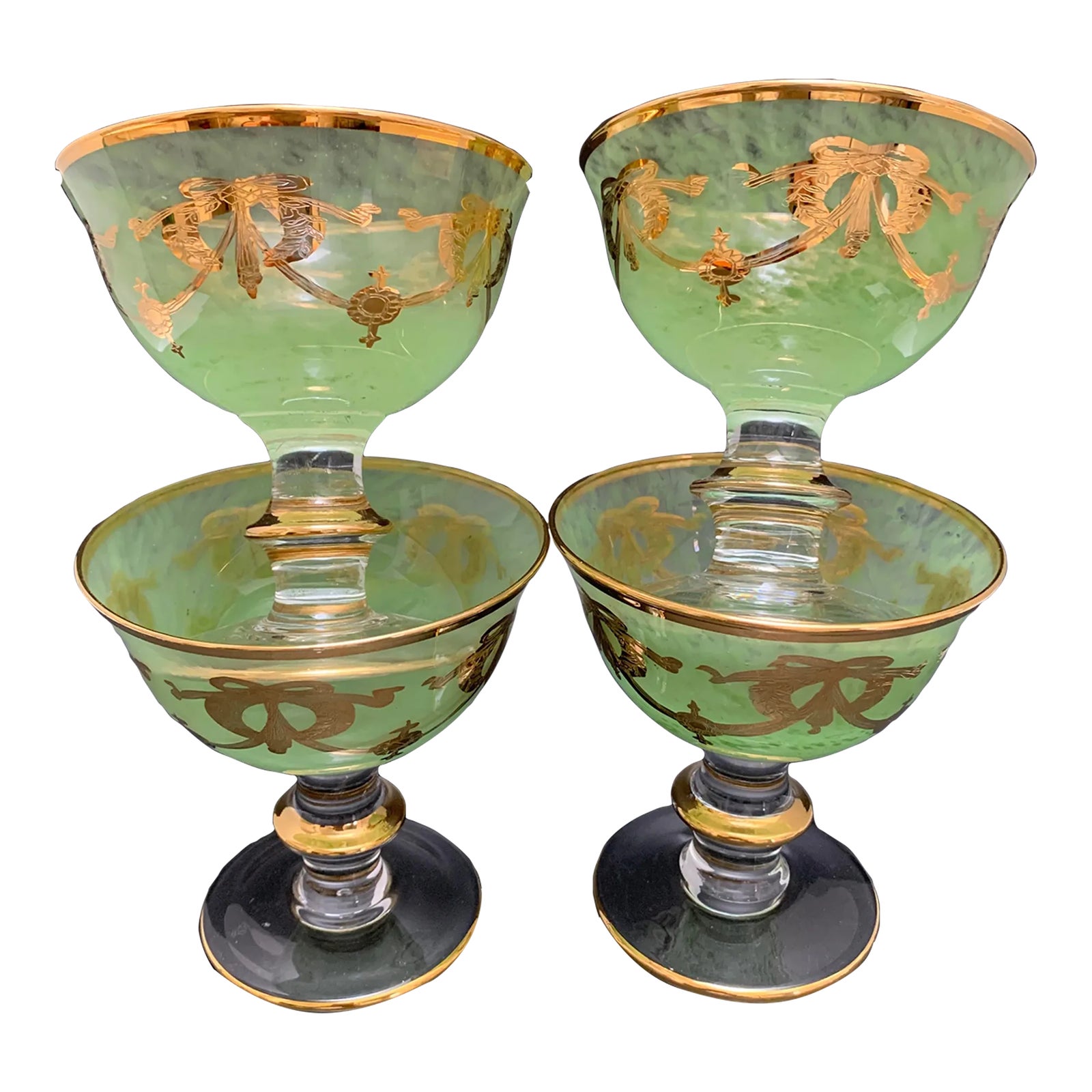 Vintage Set of Green and Gold Patterned Goblets, or Sorbet Bowls, Set ...