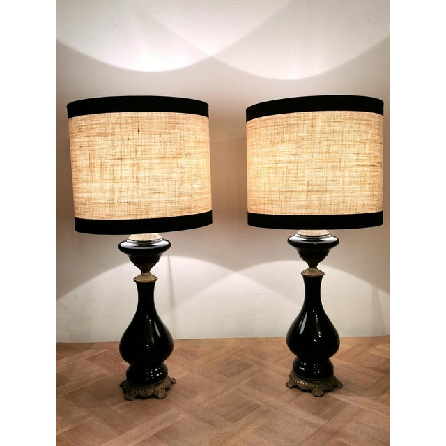 Black Opaline Glass Oil Lamps With Lamp Shades - a Pair | Chairish