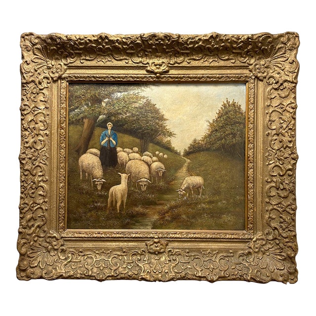Framed Painting of Lady With Sheep | Chairish