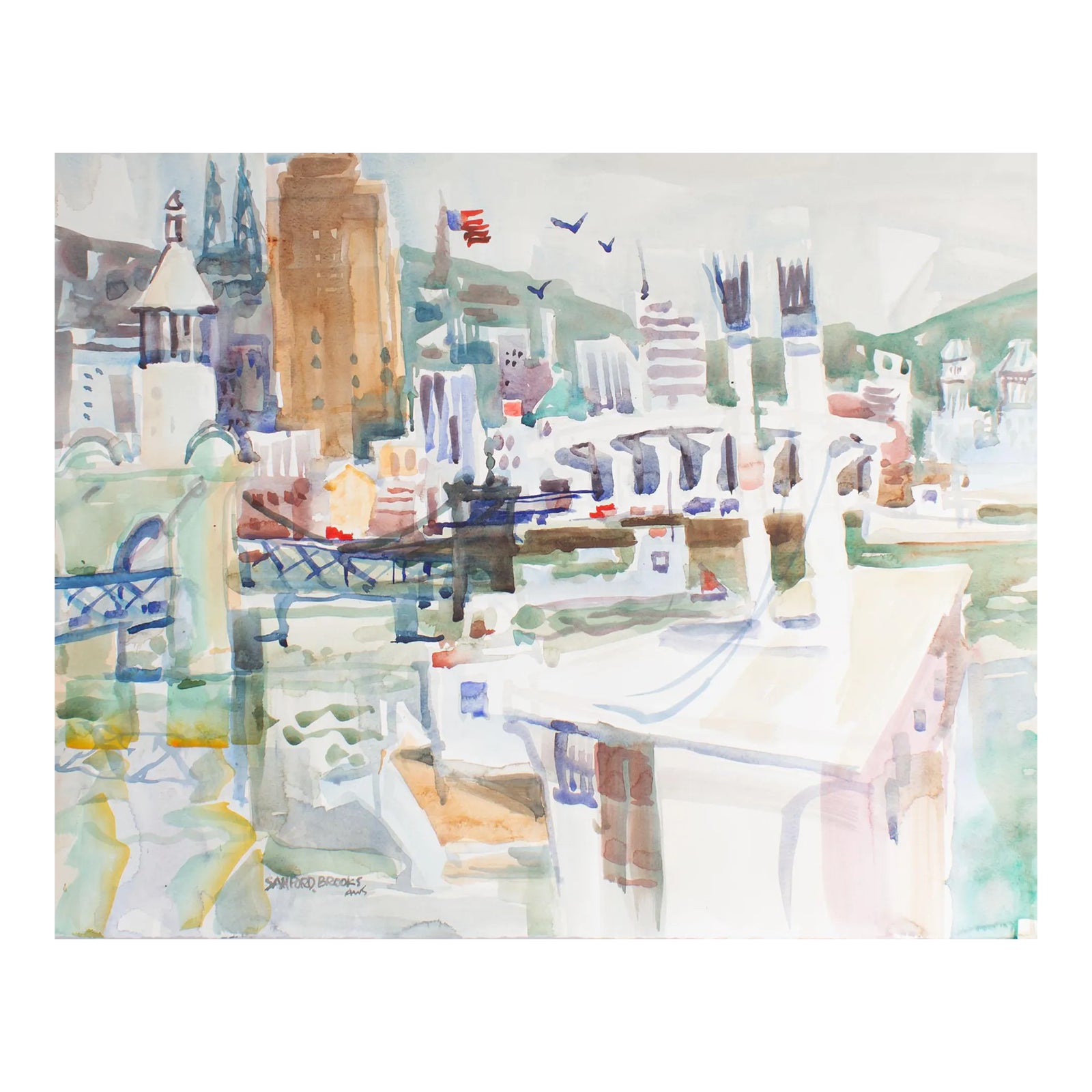 1988 Watercolor of a City by Sanford Brooks | Chairish