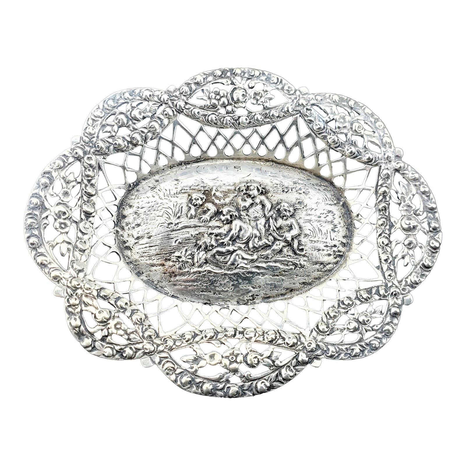 Antique 1910s Austrian 800 Silver Repoussé Tray With Cherubs & Openwork ...