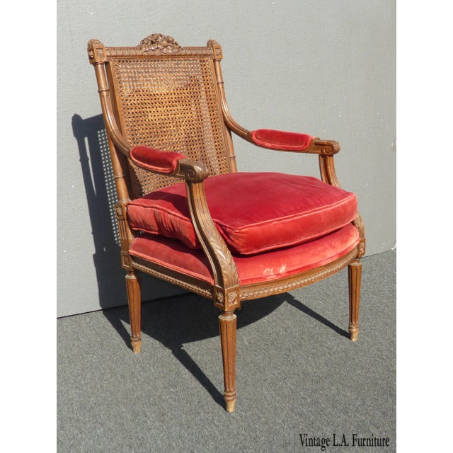 Vintage Carved Mahogany & Cane Red Velvet Arm Chair | Chairish
