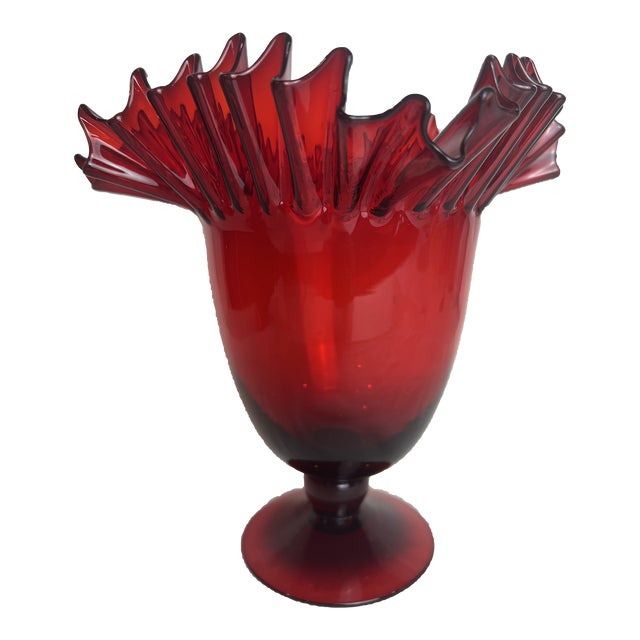 Vintage Blenko Ruby Red Crimped Edge Pedestal Vase | Chairish