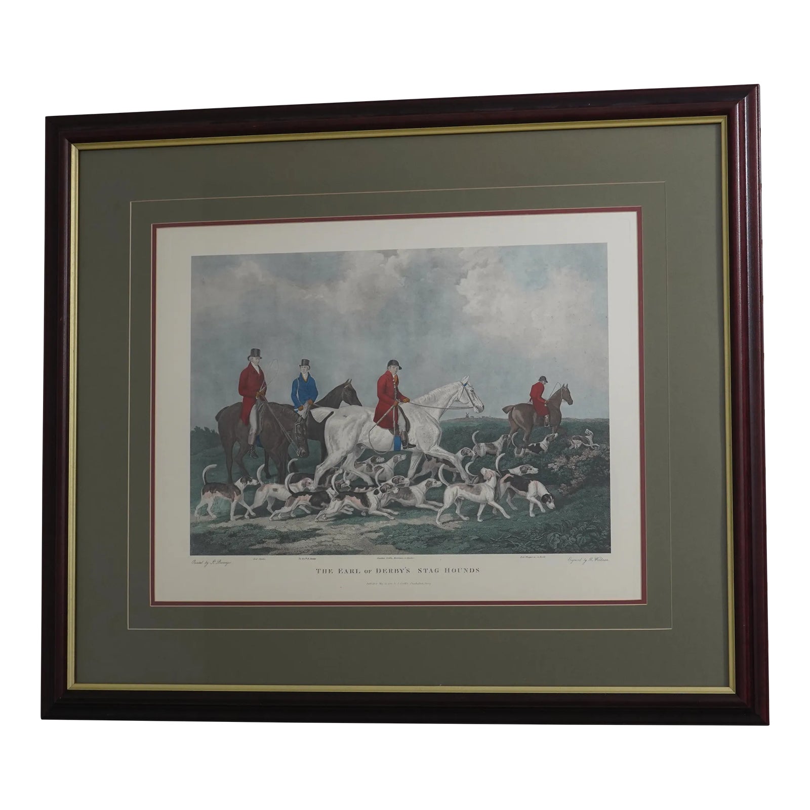 English Hunt Scene Colored Engraving Framed & Matted | Chairish