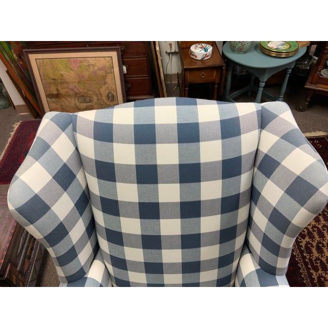 Late 20th Century Blue Check Upholstered Wingback Chair With Ottoman ...